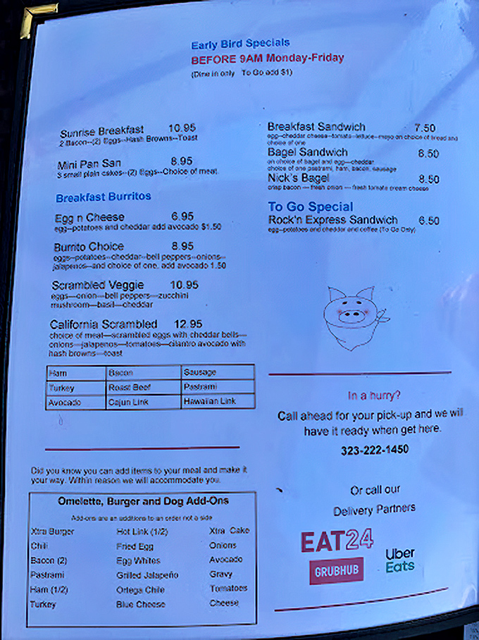 The menu reads like a love letter to breakfast classics, with Early Bird Specials that reward those willing to rise with the roosters.