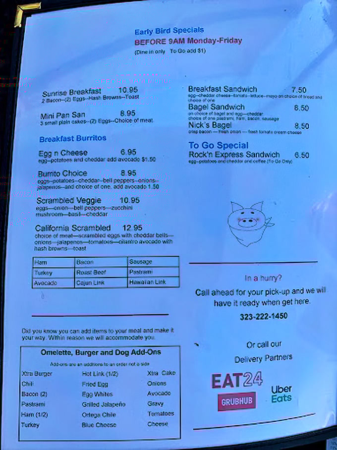 The menu reads like a love letter to breakfast classics, with Early Bird Specials that reward those willing to rise with the roosters.