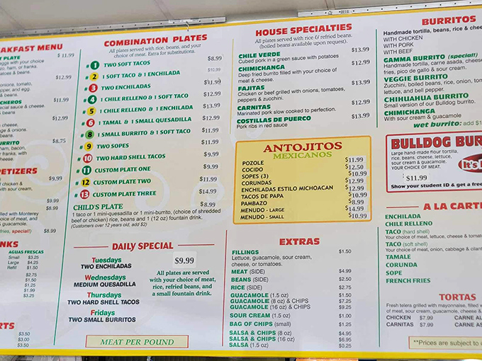 This menu board isn't just a list&mdash;it's a roadmap to happiness. The Bulldog Burrito alone is worth the drive from San Francisco.