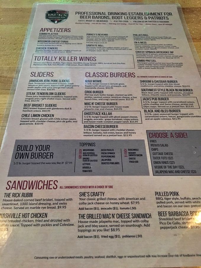 A menu that proudly declares itself a "Professional Drinking Establishment for Beer Barons, Boot Leggers & Patriots" &ndash; democracy through dining.