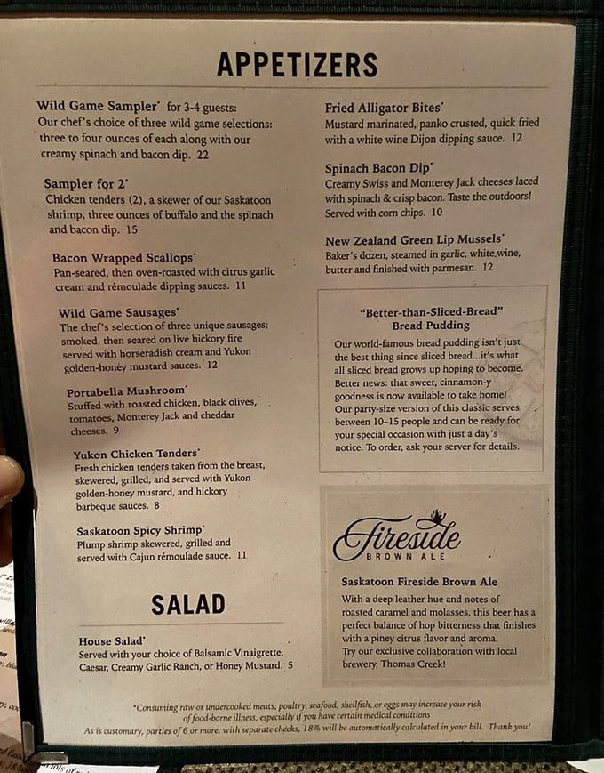 The appetizer menu reads like a culinary safari guide. Wild game sausages and fried alligator bites? Your taste buds just booked a first-class adventure.