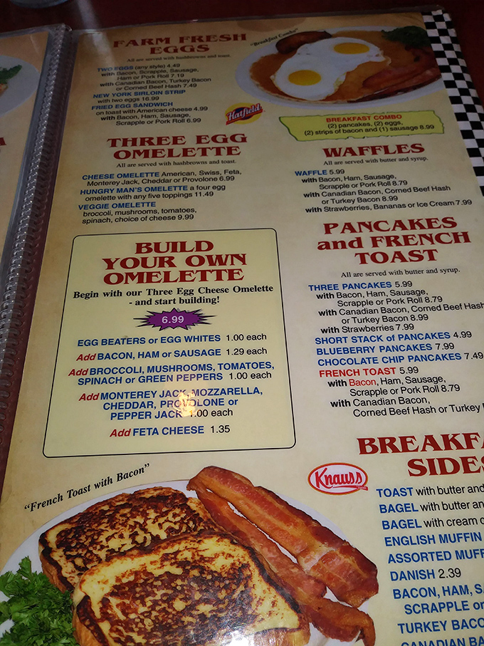 The breakfast menu reads like a love letter to morning indulgence. That "Build Your Own Omelet" option is basically an invitation to express yourself through eggs.