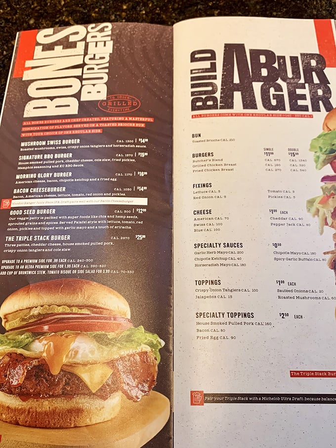 A menu that doesn't just list food&mdash;it tells delicious stories. The Triple Stack Burger with pulled pork is basically a meat skyscraper with architectural integrity.