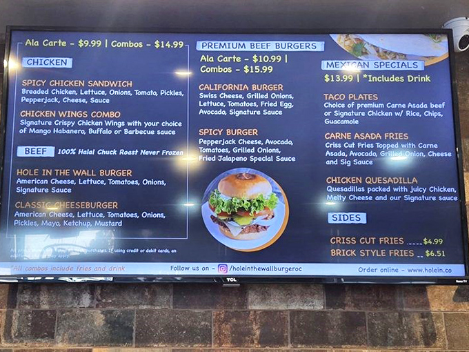 A menu that knows its purpose: burgers, chicken, and Mexican specialties that don't need fancy descriptions to be irresistible.