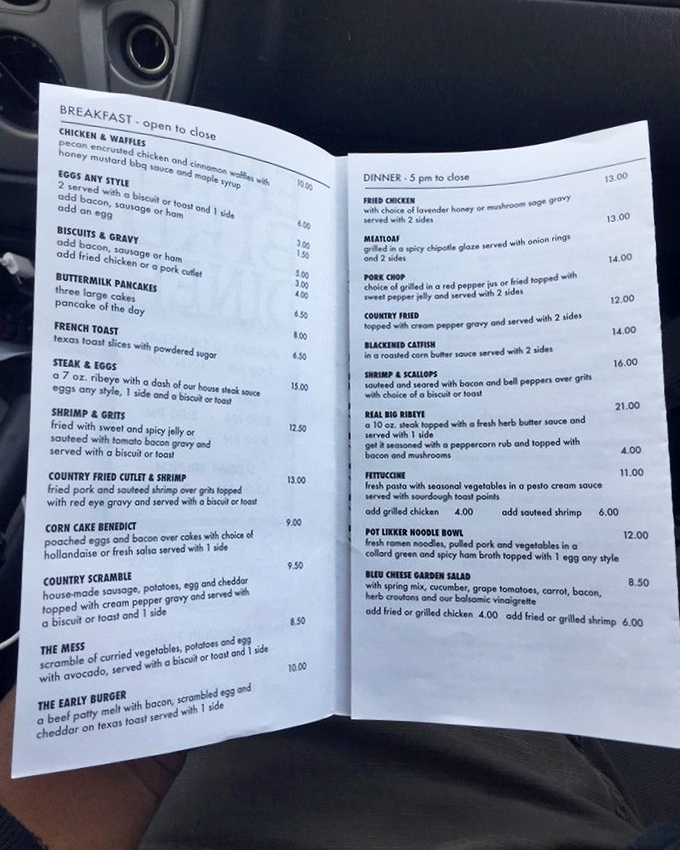 A menu that reads like a love letter to Southern cuisine. Each description promises comfort wrapped in calories&mdash;exactly what you want in a diner.