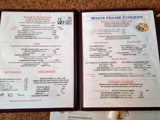The menu reads like a love letter to fried chicken, with prices that won't require a second mortgage.
