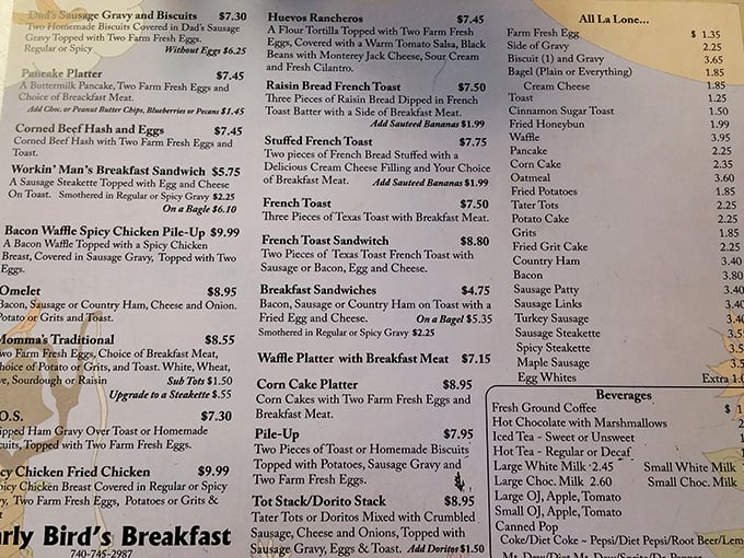 The menu reads like a love letter to breakfast classics. No fancy descriptions needed when the food speaks this eloquently for itself.