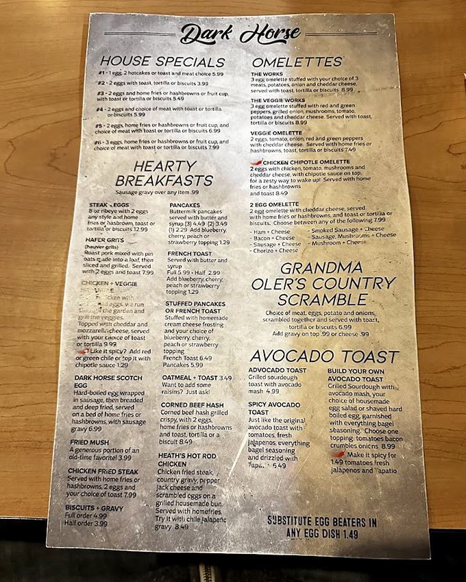 This menu isn't just a list of options&mdash;it's a roadmap to breakfast nirvana with gems like Grandma Oler's Country Scramble.
