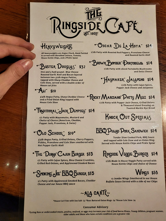 A menu that reads like a boxing hall of fame, where every heavyweight champion is actually a champion of flavor. The "Buster Douglas" isn't for the faint of heart.