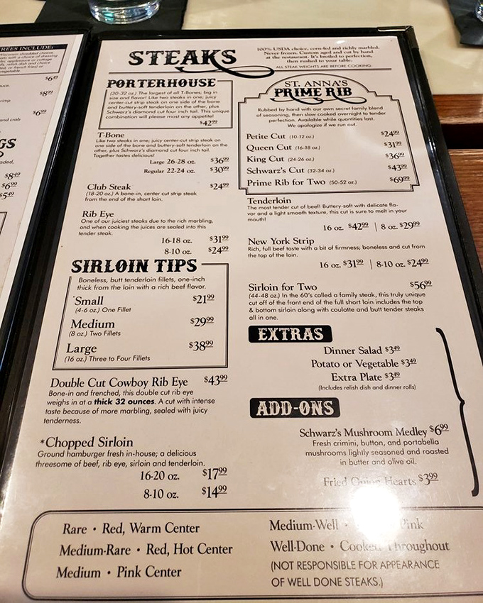 This menu isn't just a list of options—it's a roadmap to carnivorous bliss, with each steak description promising a different path to happiness.