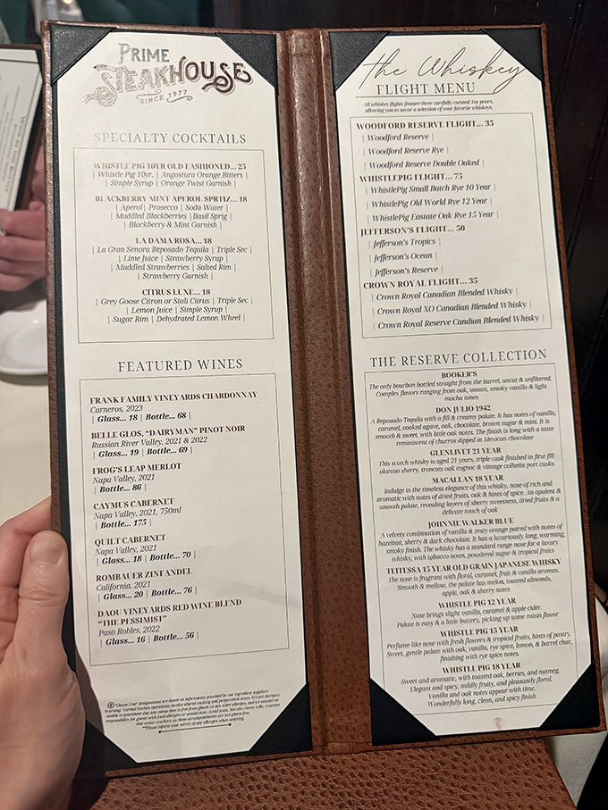 This isn't just a menu&mdash;it's a roadmap to happiness. The whiskey flight section alone could make a grown carnivore weep with joy.