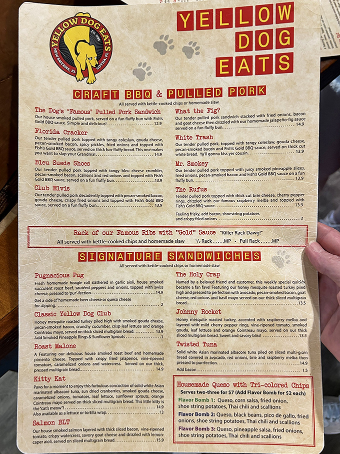 A menu that reads like poetry for carnivores. Each cleverly named sandwich promises flavor combinations that would make even the most jaded foodie's heart skip a beat.