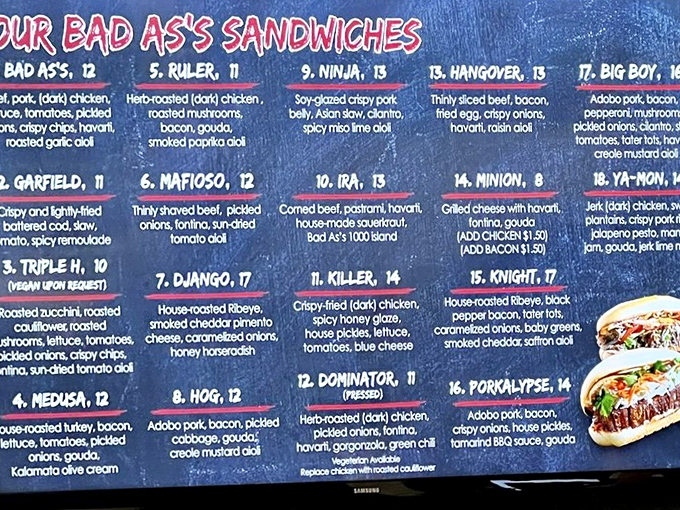 This isn't just a menu &ndash; it's a roadmap to sandwich nirvana. Each cleverly named creation promises its own unique flavor journey.