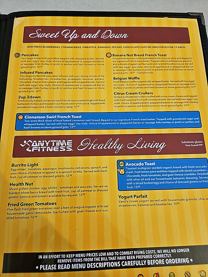 A menu that reads like a love letter to morning indulgence. The "Sweet Up and Down" section alone is worth the trip.