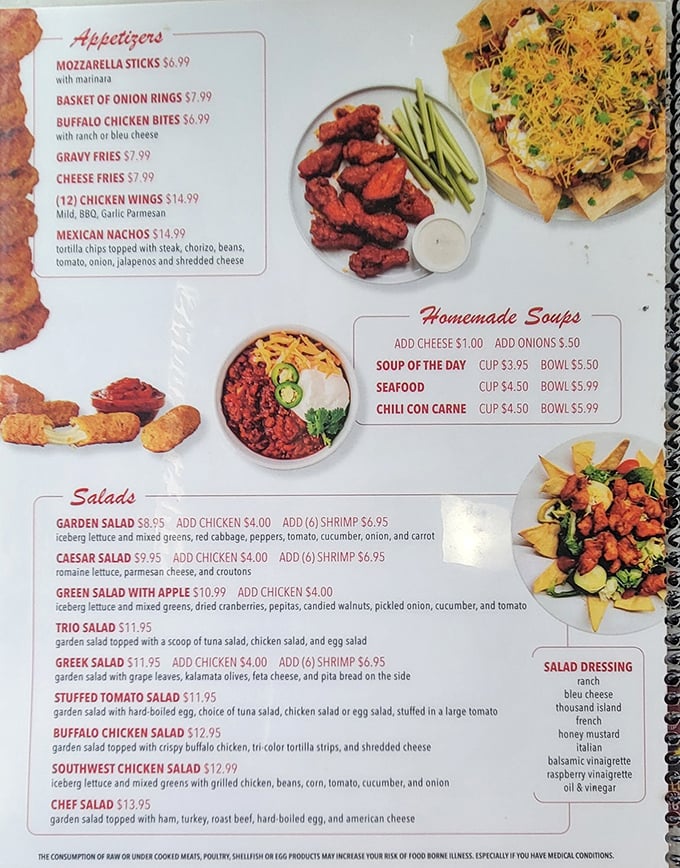 A menu that doesn't just list food but narrates a delicious story of American classics, from hearty appetizers to garden-fresh salads.