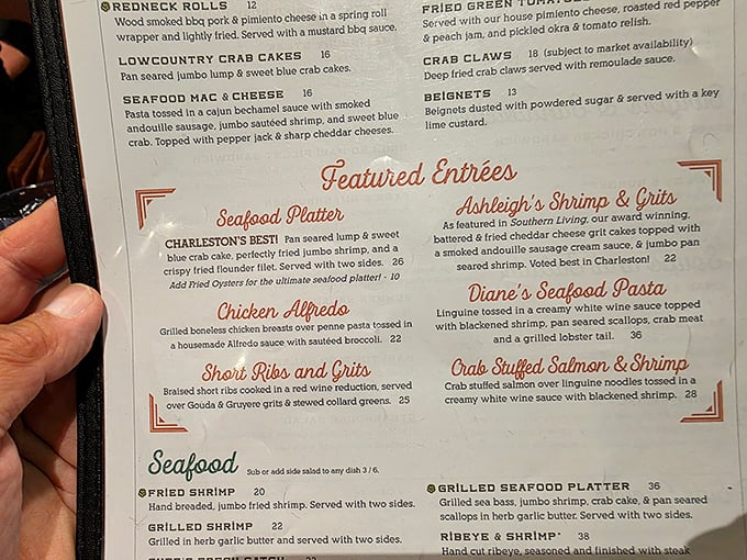 The menu reads like a love letter to Lowcountry cuisine. Choosing just one dish might be the hardest decision you'll make all day.
