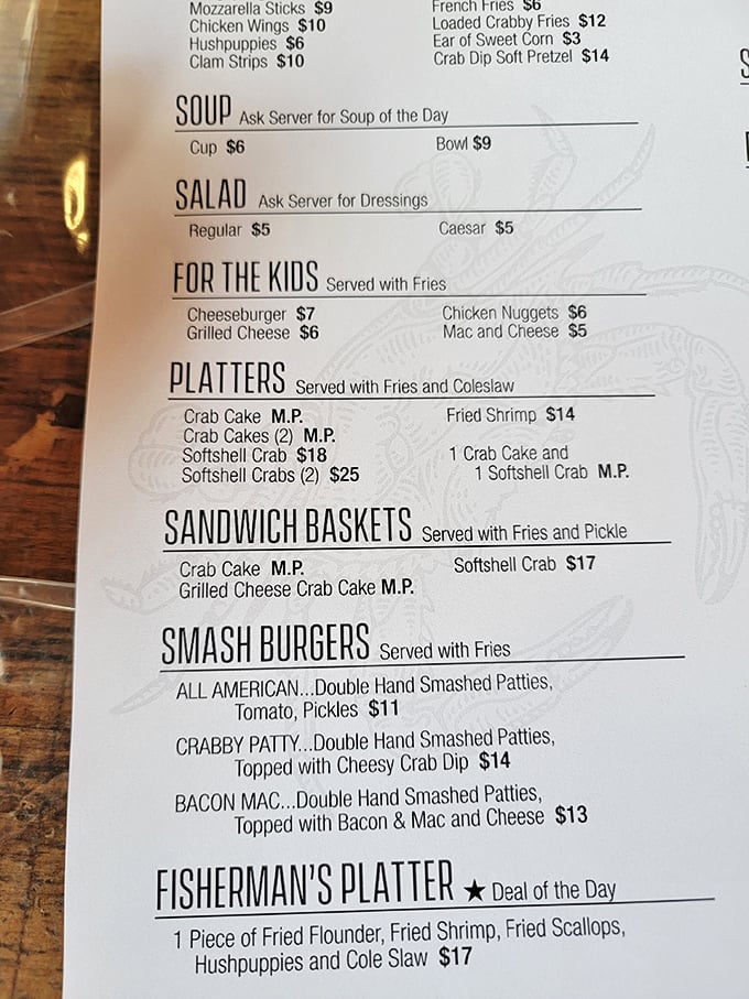 Menu archaeology reveals the treasures ahead: loaded crabby fries, softshell delights, and the legendary Fisherman's Platter. Decisions, decisions!