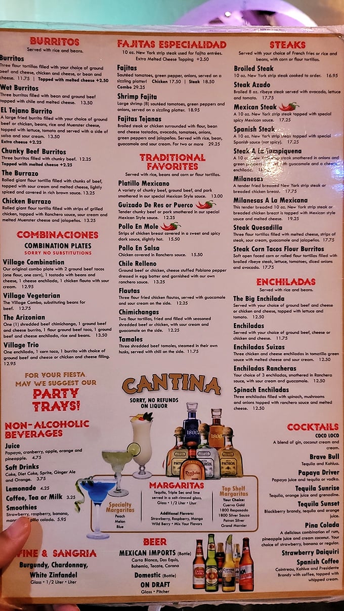 The menu reads like a love letter to Mexican cuisine classics, with the enchilada section deserving its own special spotlight.