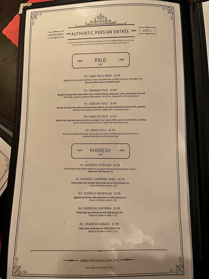 This menu reads like a love letter to Persian cuisine, with each dish telling its own delicious story.