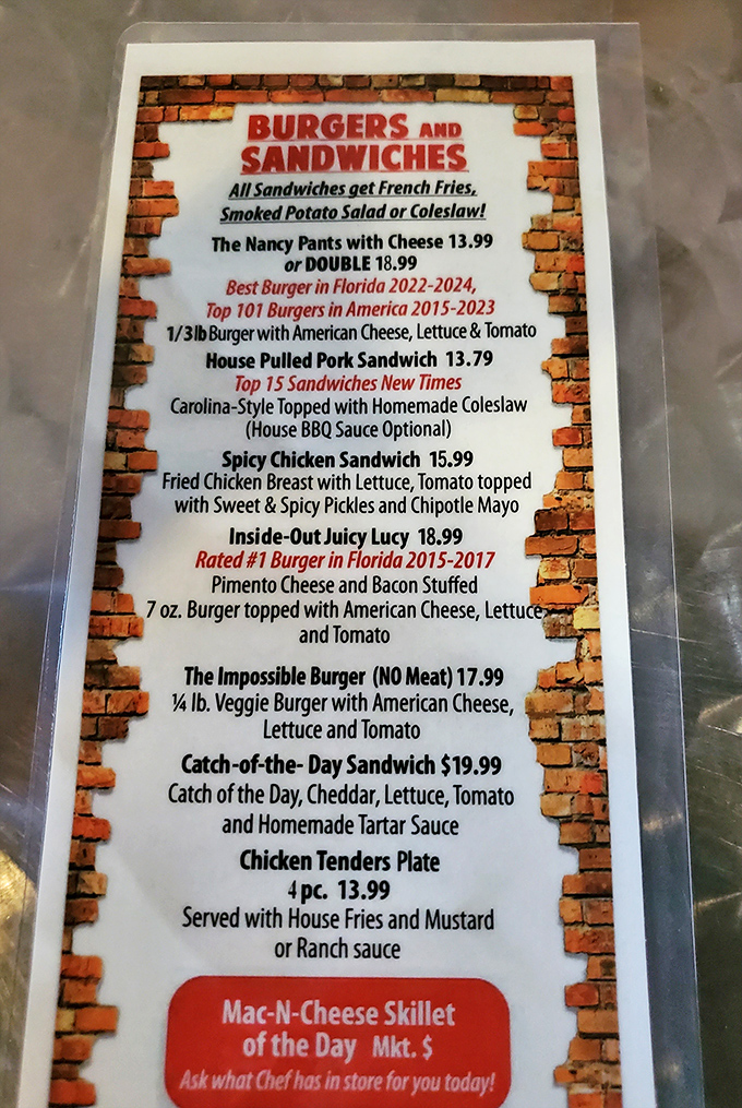 This menu isn't just a list—it's a roadmap to happiness. Each item promises a journey worth taking, especially that Inside-Out Juicy Lucy.