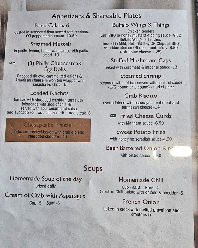 This menu reads like a greatest hits album of comfort food classics with enough seafood to remind you Maryland isn't far away.