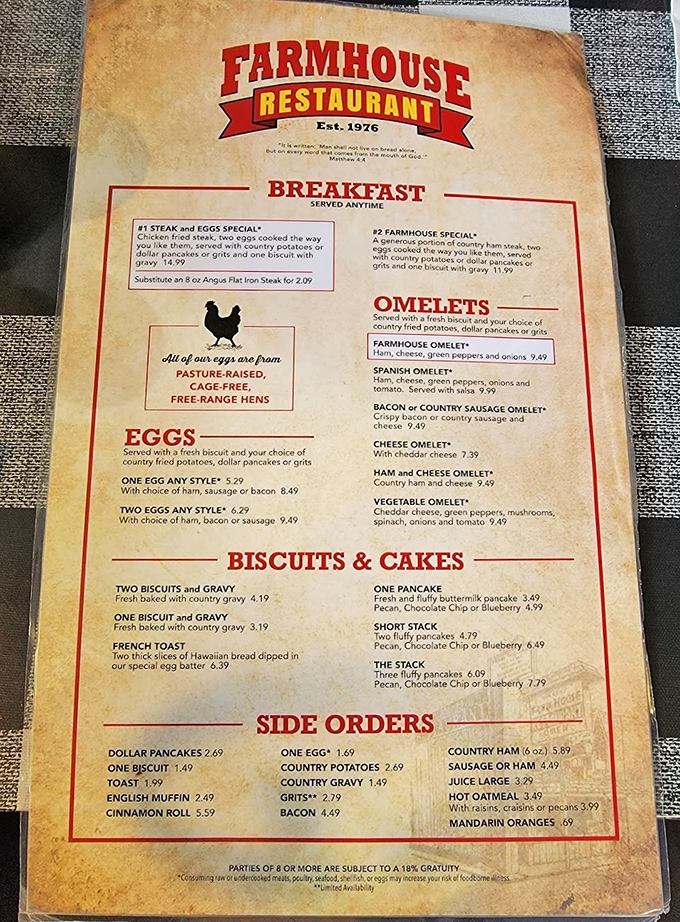 This menu isn't just a list of options &ndash; it's a roadmap to happiness. Notice the French toast description? That's the treasure X marking the spot.