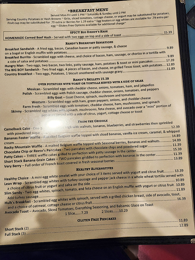 A menu that reads like a love letter to breakfast. Each item practically whispers, "Yes, this is exactly what you're craving."