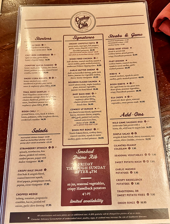 A menu that reads like a Western novel where buffalo and rattlesnake share billing with traditional favorites.