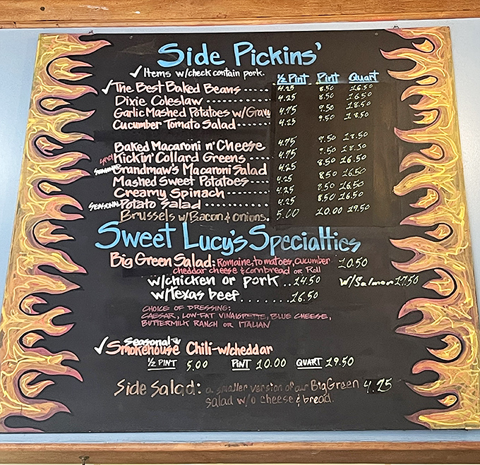 The flame-bordered menu board tells you everything you need to know&mdash;this place takes its "Side Pickins'" as seriously as the main event.