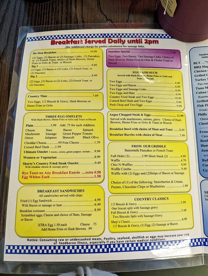 This menu is like a roadmap to happiness. The "He-Man Breakfast" isn't just a meal&mdash;it's a challenge worthy of champions.