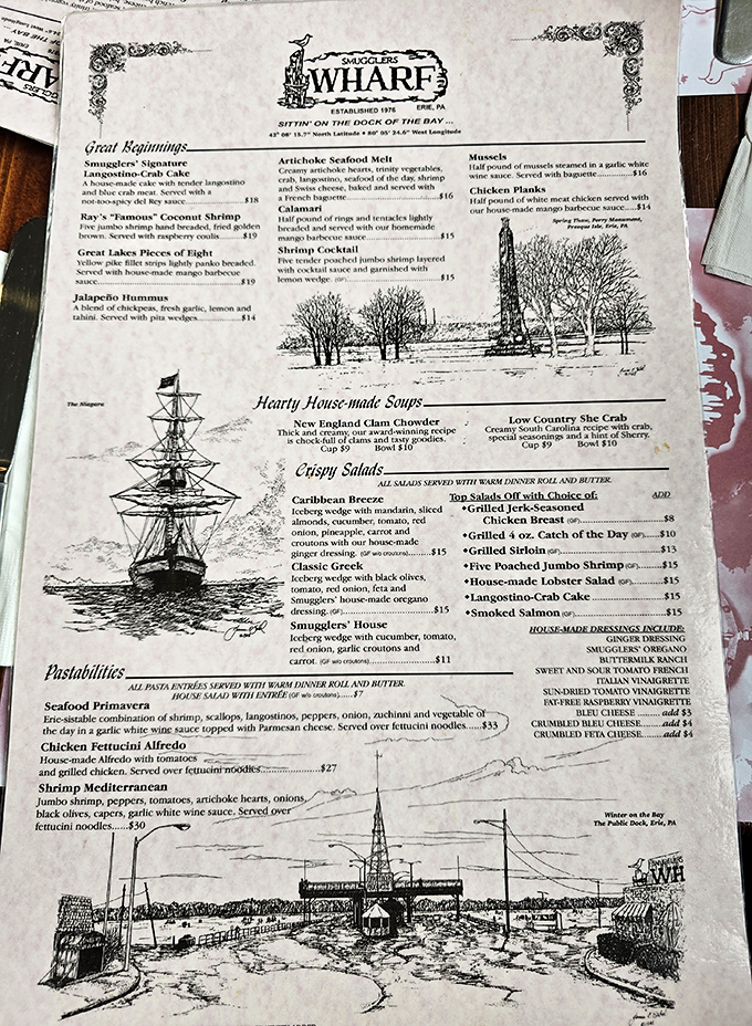 This isn't just a menu&mdash;it's a maritime treasure map where X marks the spot for that legendary She Crab soup.