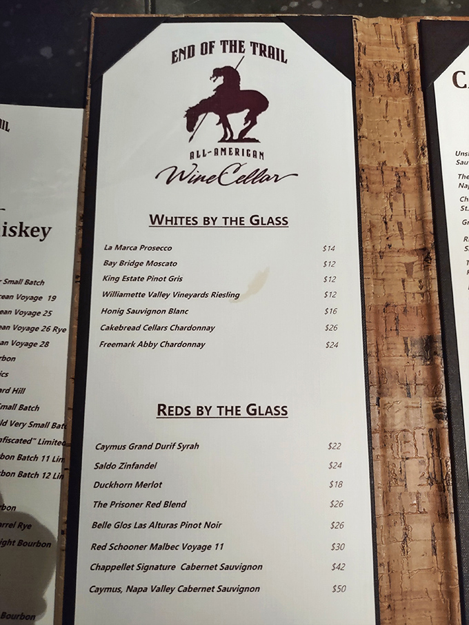 The End of the Trail Wine Cellar menu showcases selections perfect for underground wine tasting.