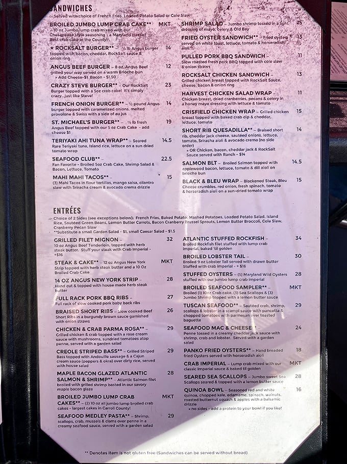 This menu reads like a love letter to the Chesapeake Bay. Those jumbo lump crab cakes aren't just a meal&mdash;they're Maryland on a plate.