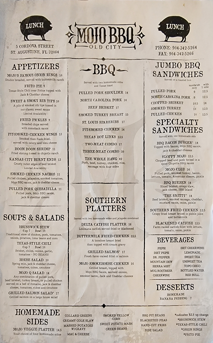 A menu that reads like a road trip across America's BBQ belt. The hardest decision you'll make today is choosing between all these smoked treasures.