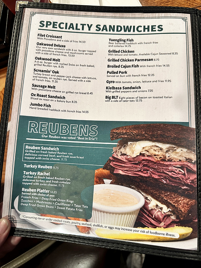 The menu's "Best in Erie" claim isn't just bold marketing—it's a gauntlet thrown down and backed up by layers of corned beef perfection.