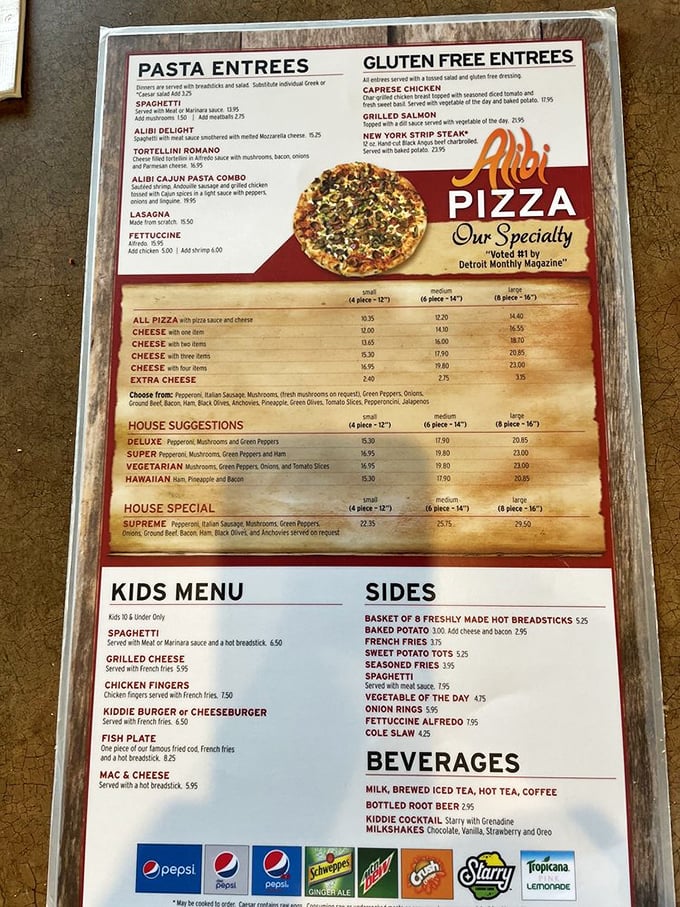 A menu that tells the whole story: pizza might be the headliner, but those fish and chips hiding on the kids' menu? That's the plot twist.