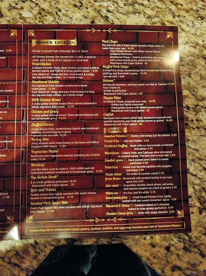 This menu isn't just a list of dishes—it's a roadmap to happiness with stops at Fried Chicken Junction and Mac & Cheese Mountain.