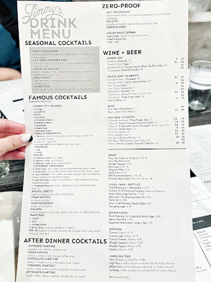 A drink menu that reads like a love letter to libations. The Charm City Crusher lives up to its name—refreshing enough to combat Baltimore humidity.