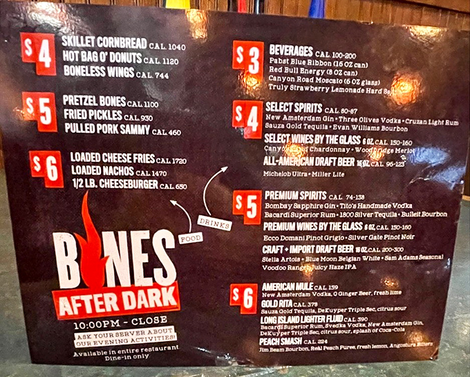 The "Bones After Dark" menu transforms this barbecue haven into a late-night playground where skillet cornbread and hot donuts become perfectly acceptable midnight snacks.