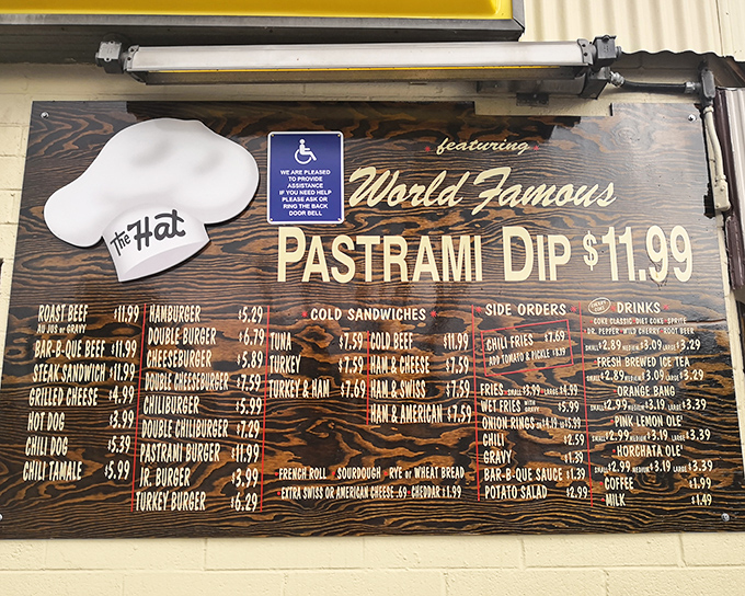 This menu board isn't just a list&mdash;it's a treasure map to culinary happiness. The World Famous Pastrami Dip is the X that marks the spot.