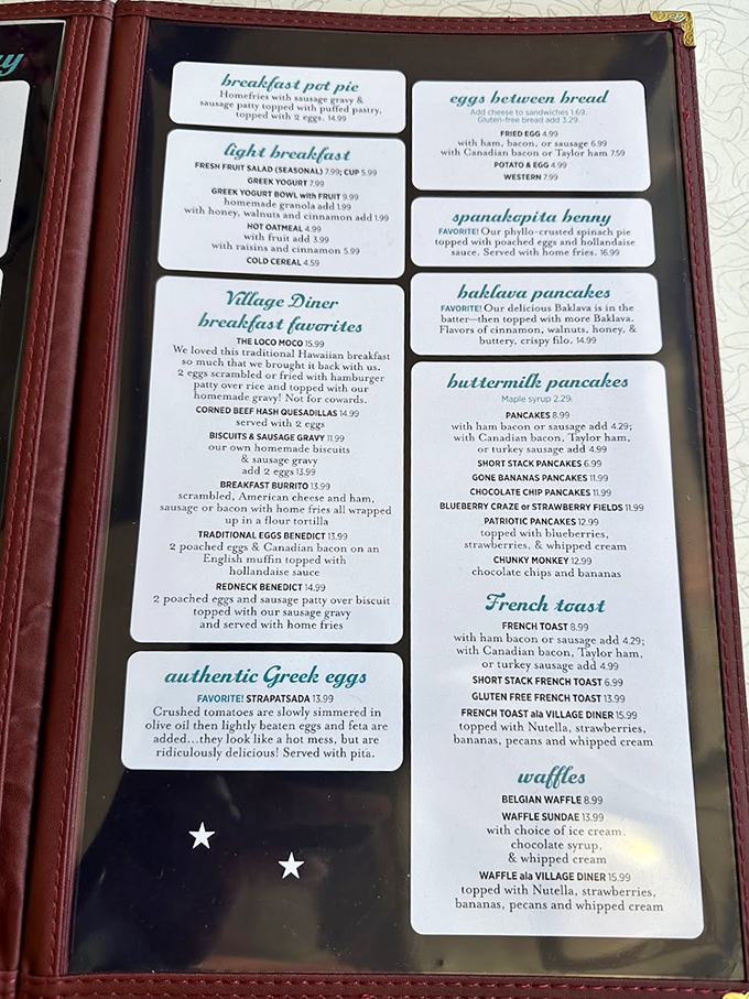A menu that reads like a love letter to breakfast. The "Authentic Greek Eggs" description alone is worth the trip.