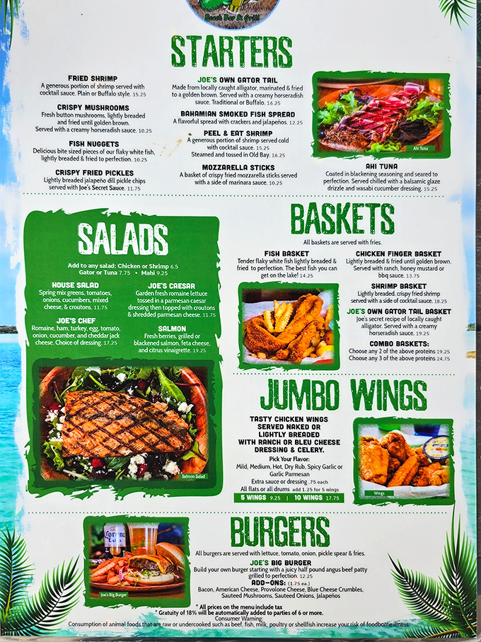 A menu that reads like a love letter to seafood lovers—where deciding between gator tail and fish nuggets becomes life's most delicious dilemma.