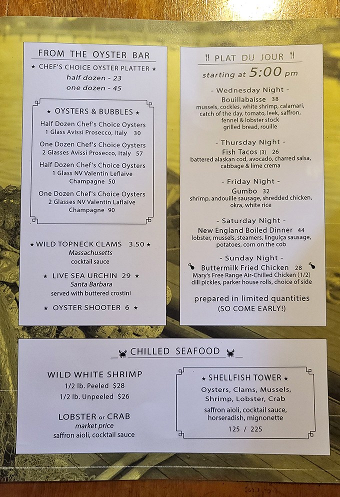 This menu isn't just a list of dishes—it's a maritime treasure map. The "Hook, Line & Sinker" chowder flight alone is worth the journey.