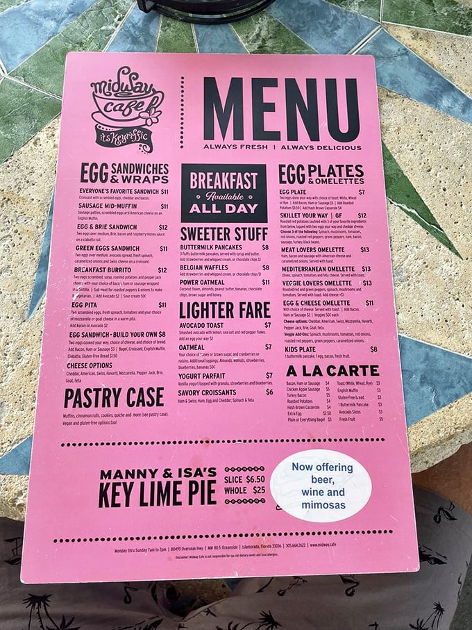 Life's big decisions on a pink menu. Breakfast all day means vacation time operates on your schedule, not the other way around.