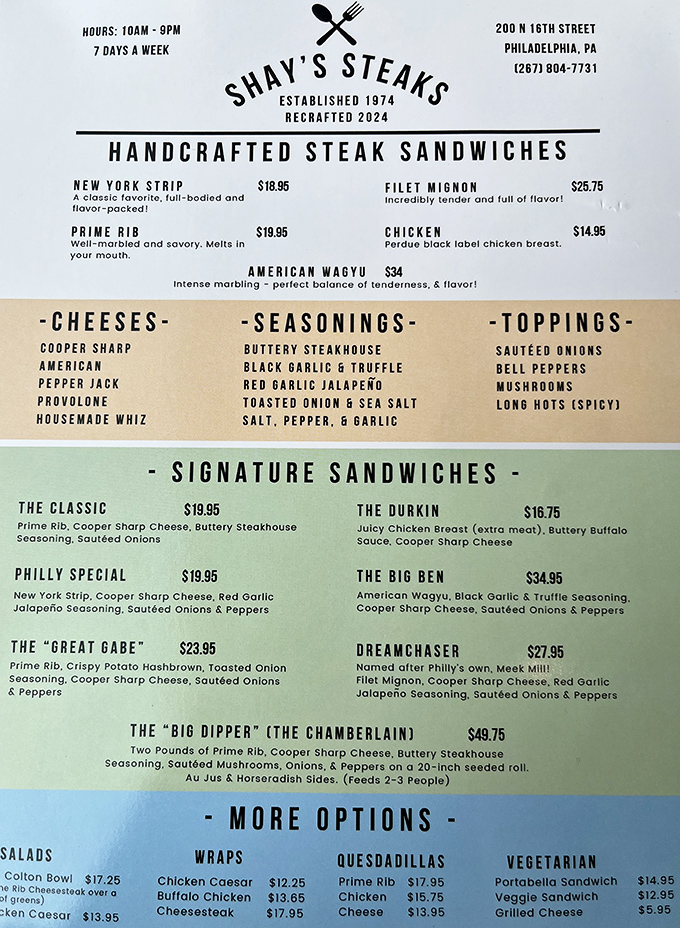 The menu reads like a love letter to premium ingredients&mdash;where else can you find American Wagyu and filet mignon sharing space with classic cheesesteak options?