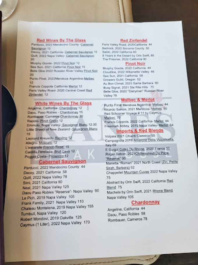 A wine list that reads like poetry for anyone who appreciates grape varietals done right.