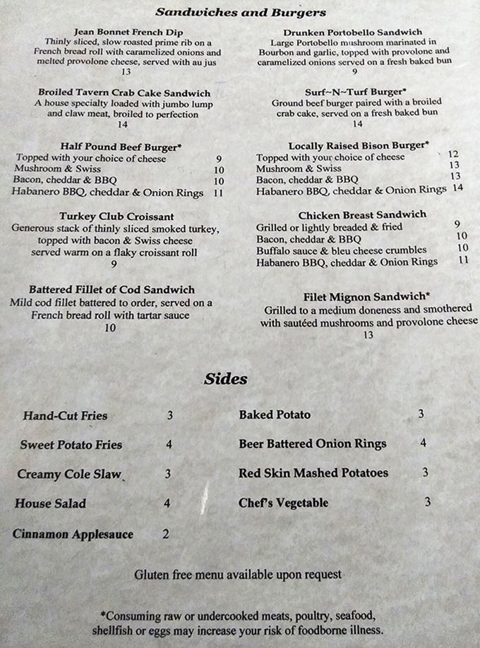 A menu that reads like a love letter to comfort food. From French dips to bison burgers, each option promises satisfaction beyond the ordinary.