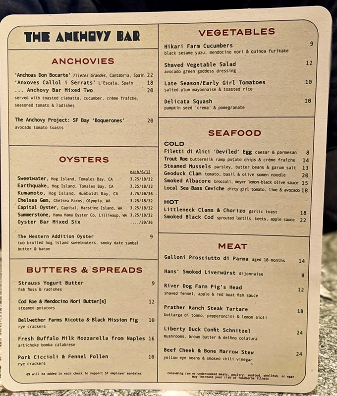 This menu isn't just a list&mdash;it's a maritime treasure map. Each category promises adventure, from Spanish anchovies to bone marrow stew. Decision paralysis has never been so delicious.