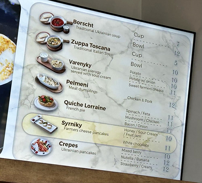A menu that reads like a European passport. From Ukrainian borscht to French quiche, this isn't your average Ohio breakfast spot.