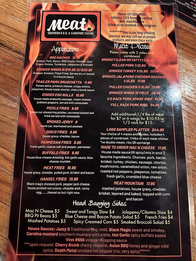This menu isn't just a list&mdash;it's a carnivore's bucket list. From "Death Metal" sauce to "Meat Mountain," they're not mincing words or meats.